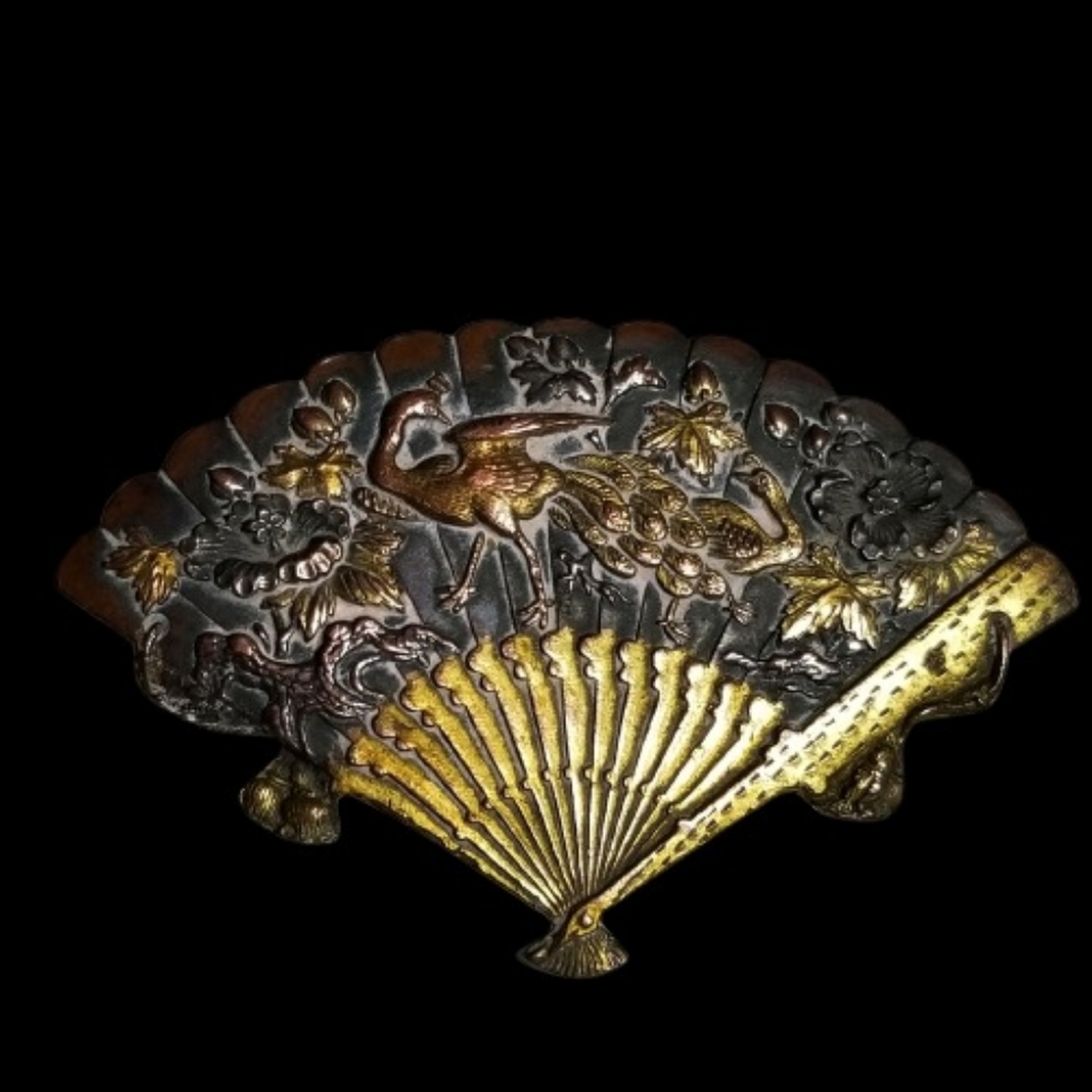 Antique Meiji Period Japanese Gilt Shakudo Fan Brooch - Gem